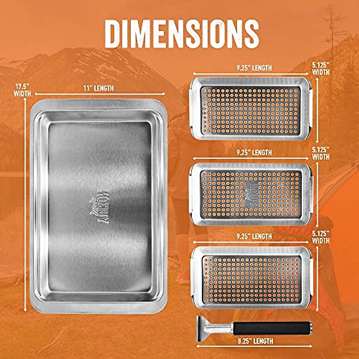 Yukon Glory BBQ 'N SERVE Grill Basket Set - Includes 3 Grilling Baskets a Serving Tray & Clip-on Handle - Patent Grill to Table Design Perfect For Grilling Fish Veggies & Meats