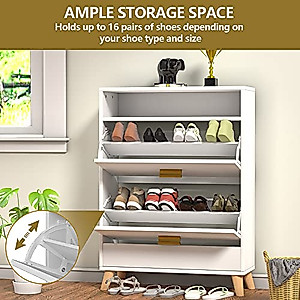 Gyfimoie Shoe Storage Cabinets, Free Standing Shoe Organizer with 2 Flip Drawers for Entryway, Narrow 3 Tier Entryway Hidden Shoe Rack with Doors (Off White)