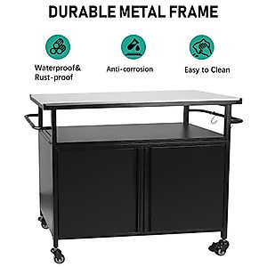 Karpevta Outdoor Grilling Table with Storage, Metal Outdoor Grill Cart with Storage and Wheels,Stainless Steel Countertop Kitchen Island Cart and Storage Cabinet for BBQ,Patio,Backyard