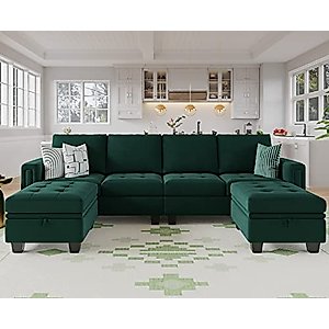 Belffin Velvet U Shaped Sectional Sofa Couch with Storage Ottoman Convertibel Sectional Sofa with Reversible Chaises Green