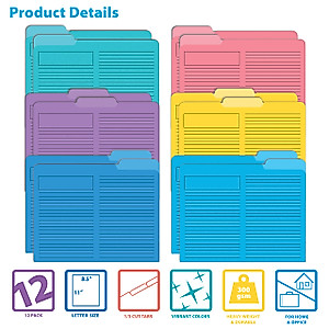 Lined File Folders, 12 Pack, Heavyweight, 1/3 Cut Tabs, 6 Vibrant Colors, Top Custom Subject Box, Letter Size Folders, 9.5" x 11.5", by Better Office Products