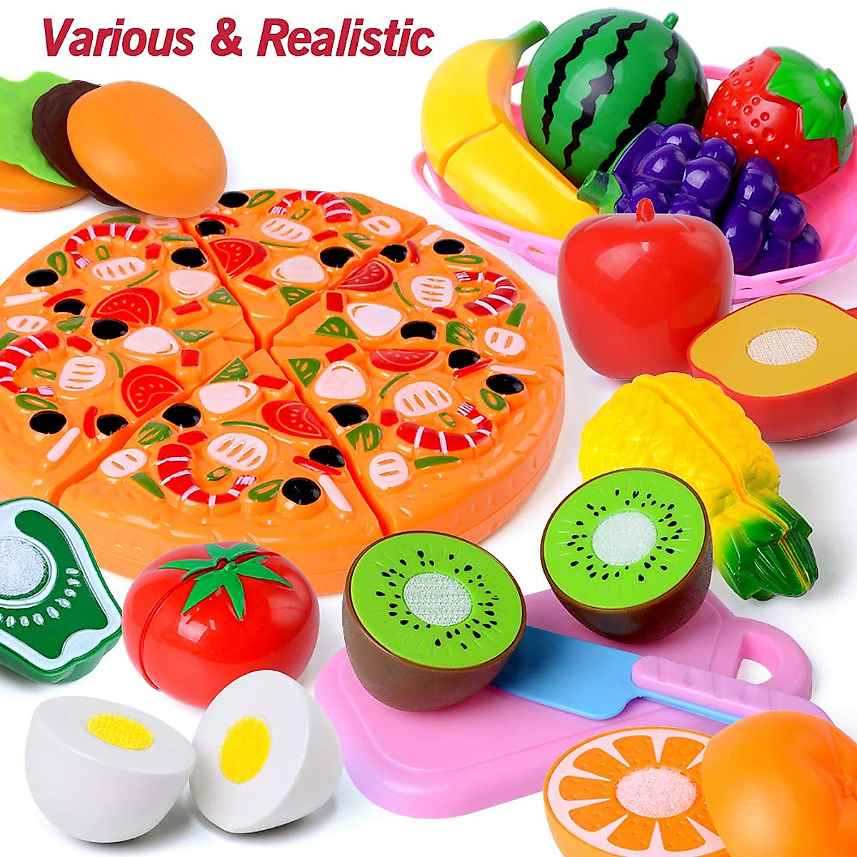 73PCS Cutting Play Food for Kids Kitchen Toys Food Cutting Fruits and Vegetables Accessories Xmas Gifts Toys for Toddlers Boys Girls with Storage Bag