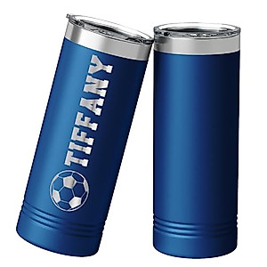 Personalized Soccer Ball Tumbler with Lid Laser Engraved on Blue 22 oz Stainless Steel Insulated Cup Birthday Gift for Men, Women, Sports Lover