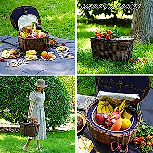 Unique Willow Picnic Basket for 2 Persons, Natural Wicker Picnic Hamper with Service Set and Insulated Cooler Bag - Best Gifts for Father Mother