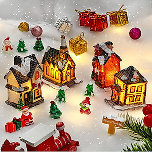 17 Pieces Christmas Village Sets Lighted LED Christmas Village Houses, Xmas Tree Gift Box Snowmen Santa Sign Miniature Figurines Snow Blanket, Christmas Home Table Decor Collectible Buildings