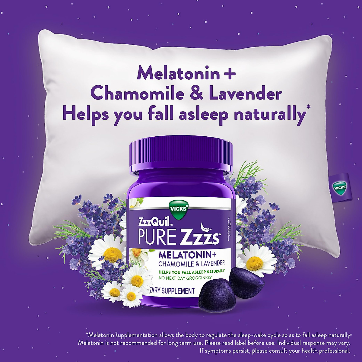 ZzzQuil PURE Zzzs Melatonin Gummies, Sleep Aid, Melatonin 2mg, with Chamomile & Lavender, Melatonin Sleep Gummies, Sleep Aids for Adults, Wildberry Vanilla Flavored, 24 Sleep Gummies