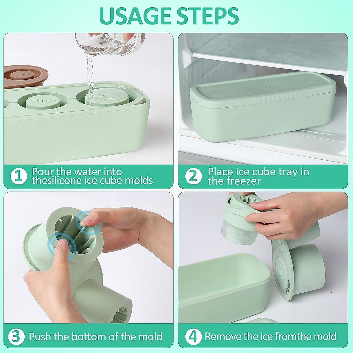 ALOOF Ice Cube Tray with Lid and Bin Compatible with Stanley Cup, 3 Pcs Silicone Ice Cube Hollow Cylinder Molds for Coffee, Juice, Whiskey, Cocktail, for Stanley 40 Oz Cups Accessories (Brown）, Green