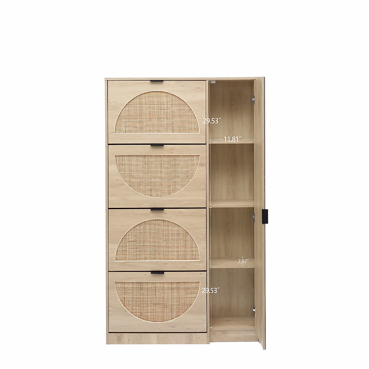Shoe Cabinet for Entryway,Rattan Shoe Cabinet with Mirror and 4 Flip Down Drawers,Narrow Shoe Cabinet with Natural Rattan Doors and 4 Storage Shelves,Freestanding Shoe Organizer for 24 Pairs of Shoes