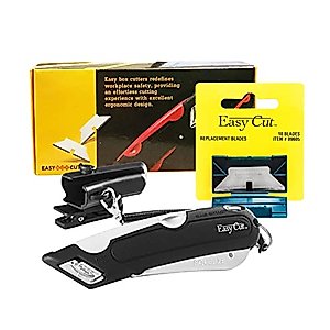 EasyBoxCutter, Easy Cut 1000 White Cutter with 10 ct Standard Replacement Extra Tape Cutter at Back, Dual Side Edge Guide, 3 Blade Depth Setting