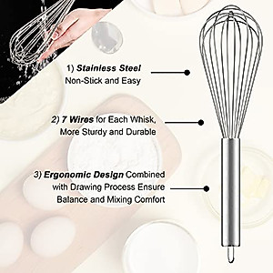 Ouddy Stainless Steel Whisk Set 8"+10"+12", Kitchen Whisk Balloon Whisks for Cooking Egg Beater Wire Wisk Wisking Tool for Blending Whisking Beating Stirring Baking