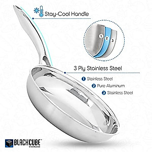 Black Cube Stainless Steel 8-inch Frying Pan, 3 Ply Professional Grade Steel Skillet, Sliver, Dishwasher Safe