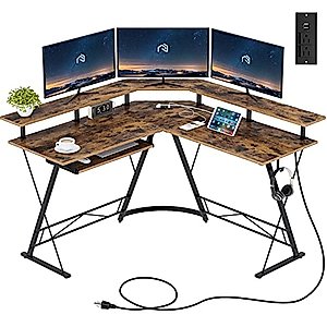 Rolanstar Computer Desk L Shaped with Power Outlet, 54” Reversible L Shaped Computer Desk with Monitor Stand and Keyboard Tray, Home Office Desk with USB Port & Hook, Rustic Brown