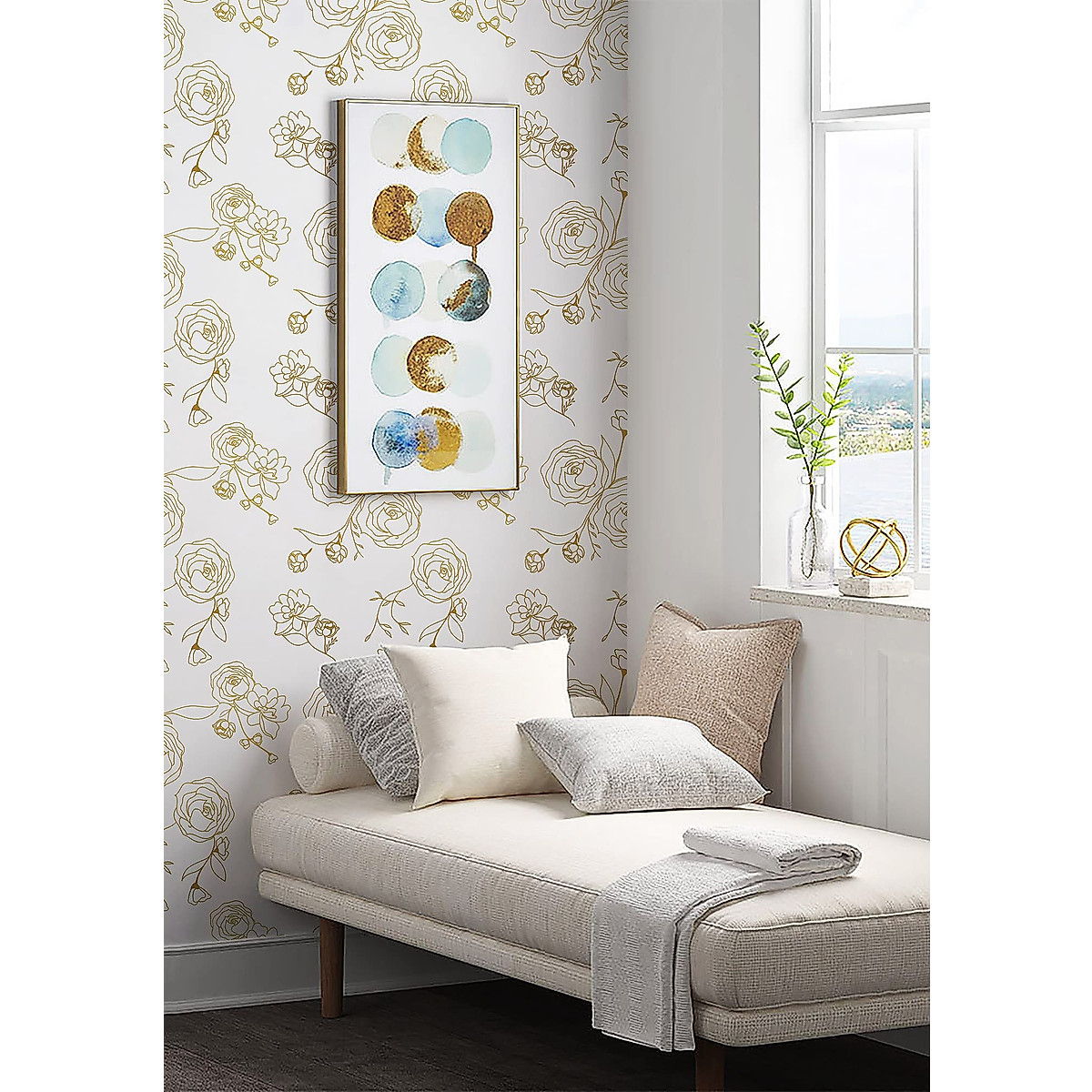 Safiyya 118"x17.3" Peel and Stick Wallpaper Gold and White Contact Paper Floral Wallpaper Self Adhesive Removable Wallpaper for Bedroom Covering Vinyl Rolls