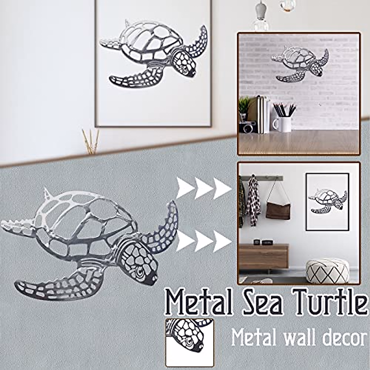 Metal sea Turtle, Metal Wall Art, Metal Wall Decor, Metal Turtle, Metal sea Life, Turtle Decor, Ocean Decor, Beach Decor, Art, Unique Room Decor for Boys Girls Women (Silver)