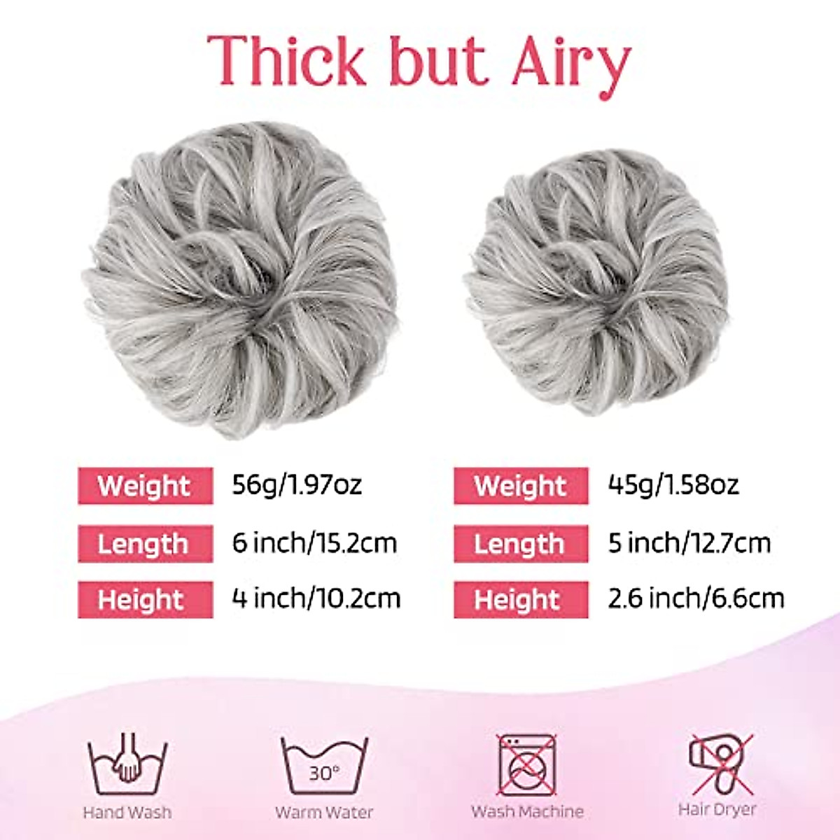 HOOJIH Messy Bun Hair Piece, 2PCS Tousled Updo Hair Extensions Hair Bun HCB001 Daisy Curly Wavy Ponytail Hairpieces Hair Scrunchies with Elastic Rubber Band for Women Girls - Silver Gray