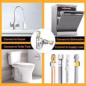 3/8" Brass Compression Angle Stop Valve, Water Line Splitter Connector Tee for Dishwasher, Commercial Sink Faucet, and Water Supply Line