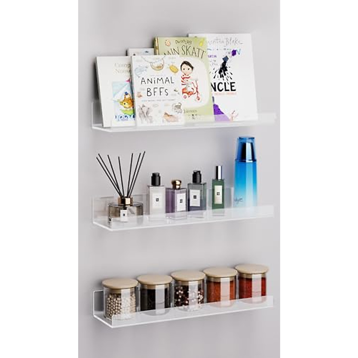 Albumgit 3 Pack Acrylic Wall Shelves, Self-Adhesive 15" Clear Floating Shelf Wall Mount, Invisible Kids Bookshelf, Display Storage Wall Ledge Shelves for Home Decoration and Organization