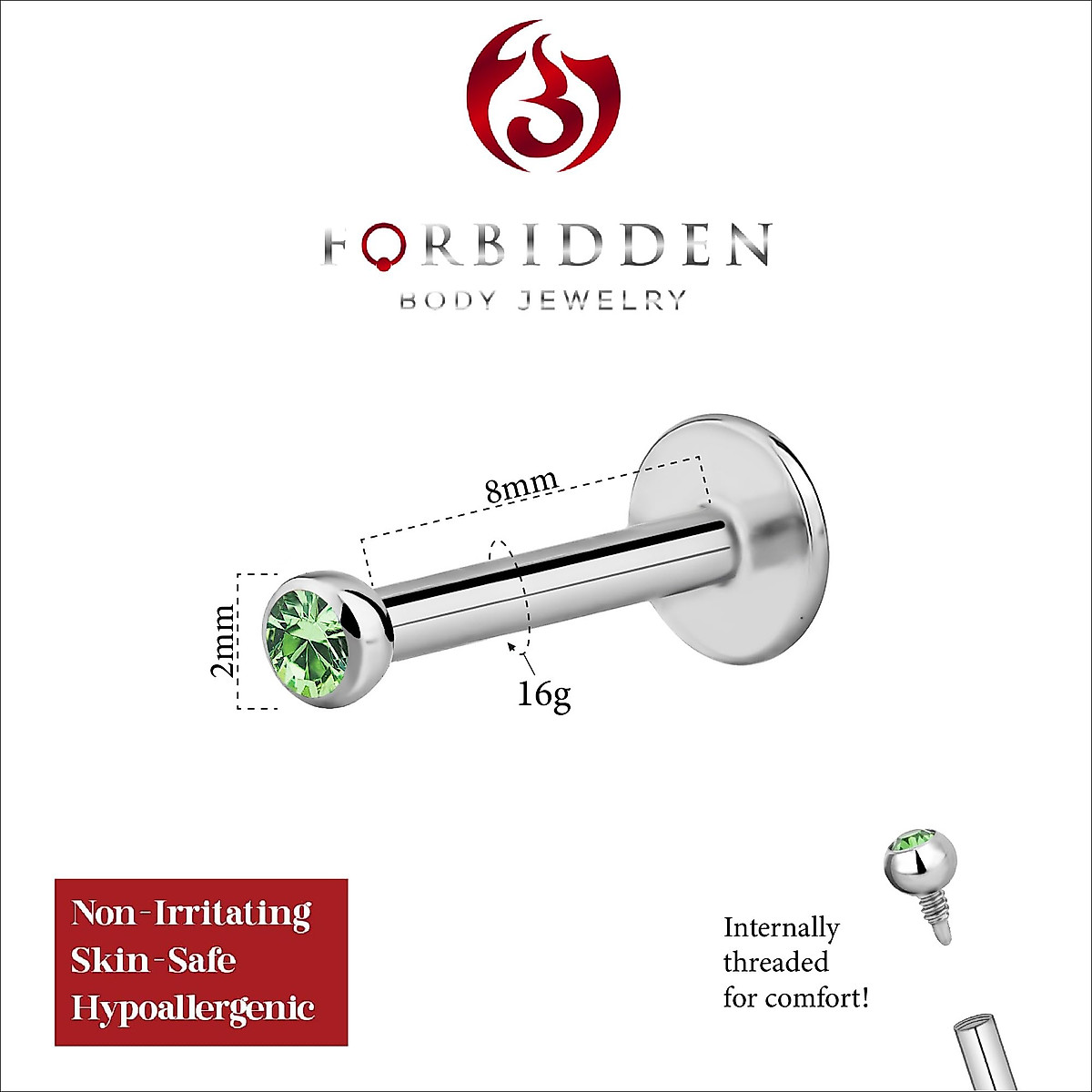 Forbidden Body Jewelry 16g 8mm Tragus Earring, Helix Earring & Labret Piercing, Internally Threaded Green CZ Stud