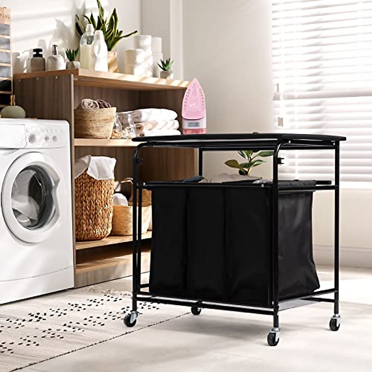 HollyHOME 3 Section Rolling Laundry Sorter Cart with Fixed Ironing Board Laundry Hamper Room Organization with 4 Wheels and Table Top Lid Removable Bags Black
