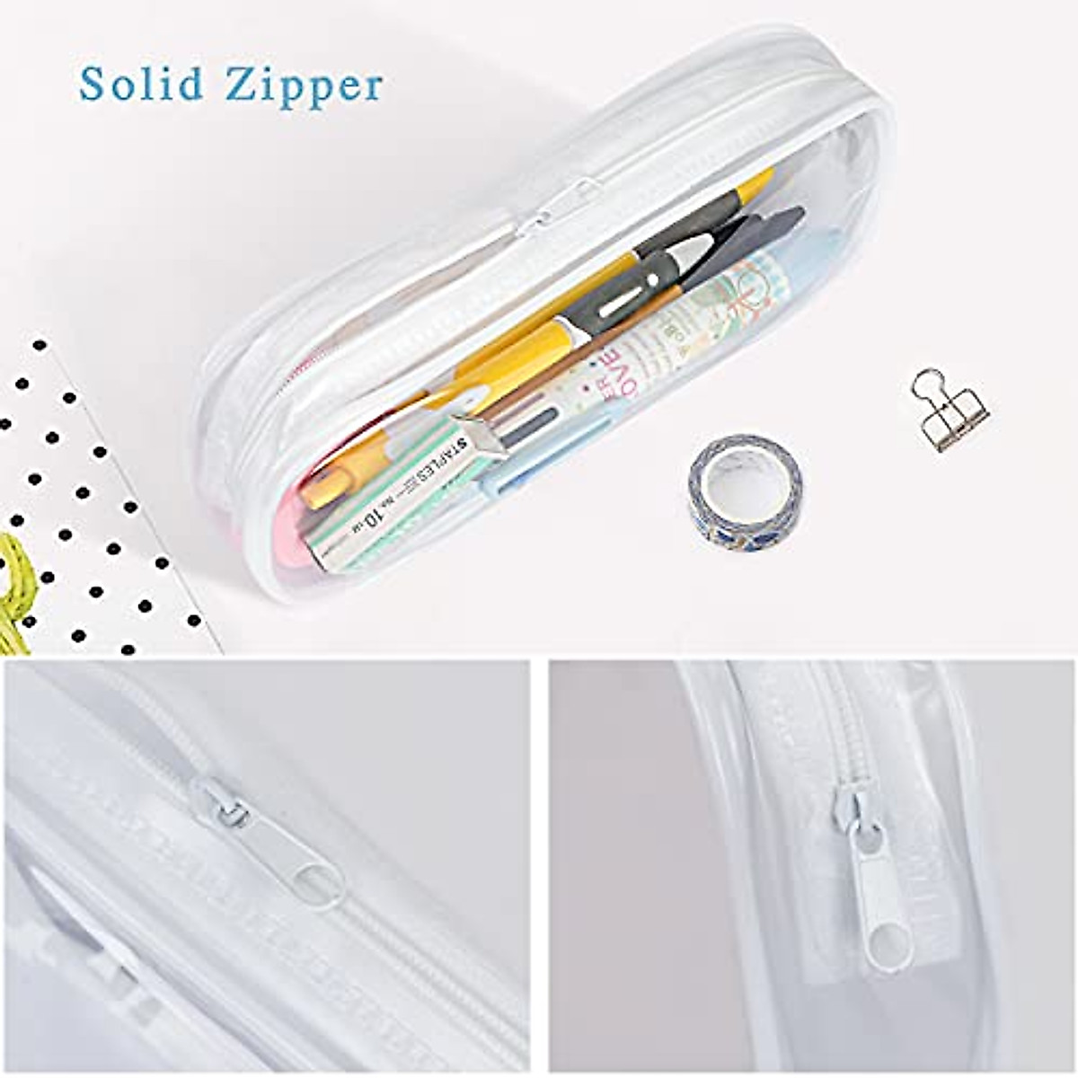 Muranana Pencil Case Set, 2 Pcs PVC Clear Pencil Bag, Zipper Exam Pen Pouch, Makeup/Toiletries Bag for Women, Pencil Storage Pouch, Portable Office Stationery Pouch for Students Adults,White+Black