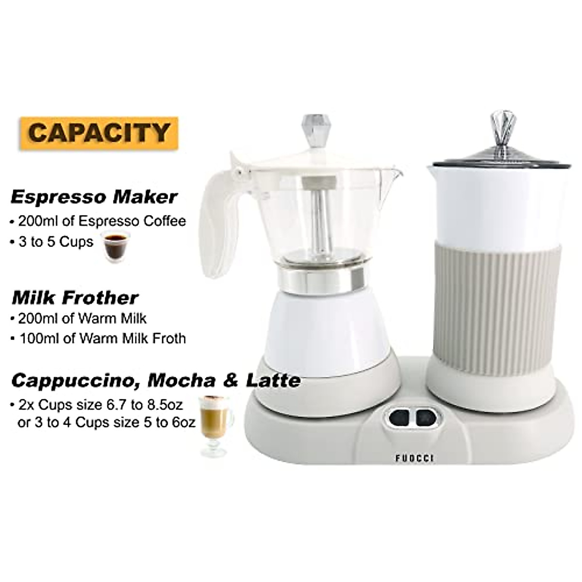 FUOCCI Espresso Maker With Milk Frother 3 to 5 Cups 2 in 1 Moka Pot Small Size Coffee Bundle Perfectly Espresso Maker Milk Frother And Steamer {just WARM Milk} for Cappuccino, Mocha & Latte Macchiato