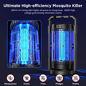 Solar Bug Zapper Outdoor Indoor, Mosquito Zapper with Large-Capacity 5000mAh Battery, 4 in 1 Insect Fly Zapper with Spotlights, Rechargeable & Cordless for Camping, Fishing, Patio, Home Black