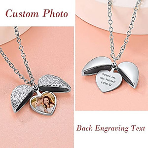FindChic Personalized Heart Locket Necklace Angel Wings Pendant with Photo Printing Platinum Plated Dainty Custom Full Color Picture Memorial Jewelry for Women Mom Loss of Father Gift