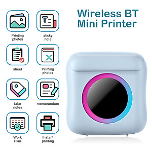 Mini Printer Portable for Smartphone, Wireless Thermal Printer Photo Printer with 7 Rolls of Paper, Inkless Pocket Printer Bluetooth Smart Printer for Picture, Receipt Label, Note, QR Code Printing
