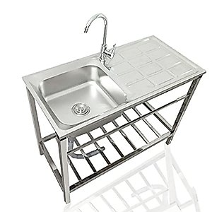 Free Standing Utility Sink Stainless Steel Single Bowl Sink Set, Commercial Kitchen Prep & Workbench Sink, With Storage Shelves & Drainer Unit Faucet Combo