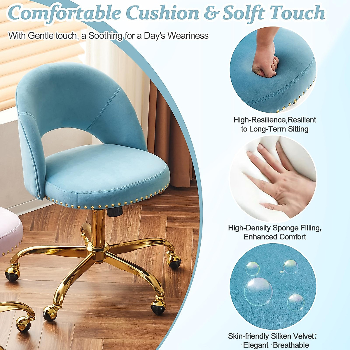 VINGLI Modern Velvet Small Office Chair,Cute Desk Chair with Wheels,Gold Base/Studs, Comfy Armless Swivel Vanity Task Chair for Women/Girl/Kids, Nail Tech Chair for Bedroom,Small Space,Cruising Blue