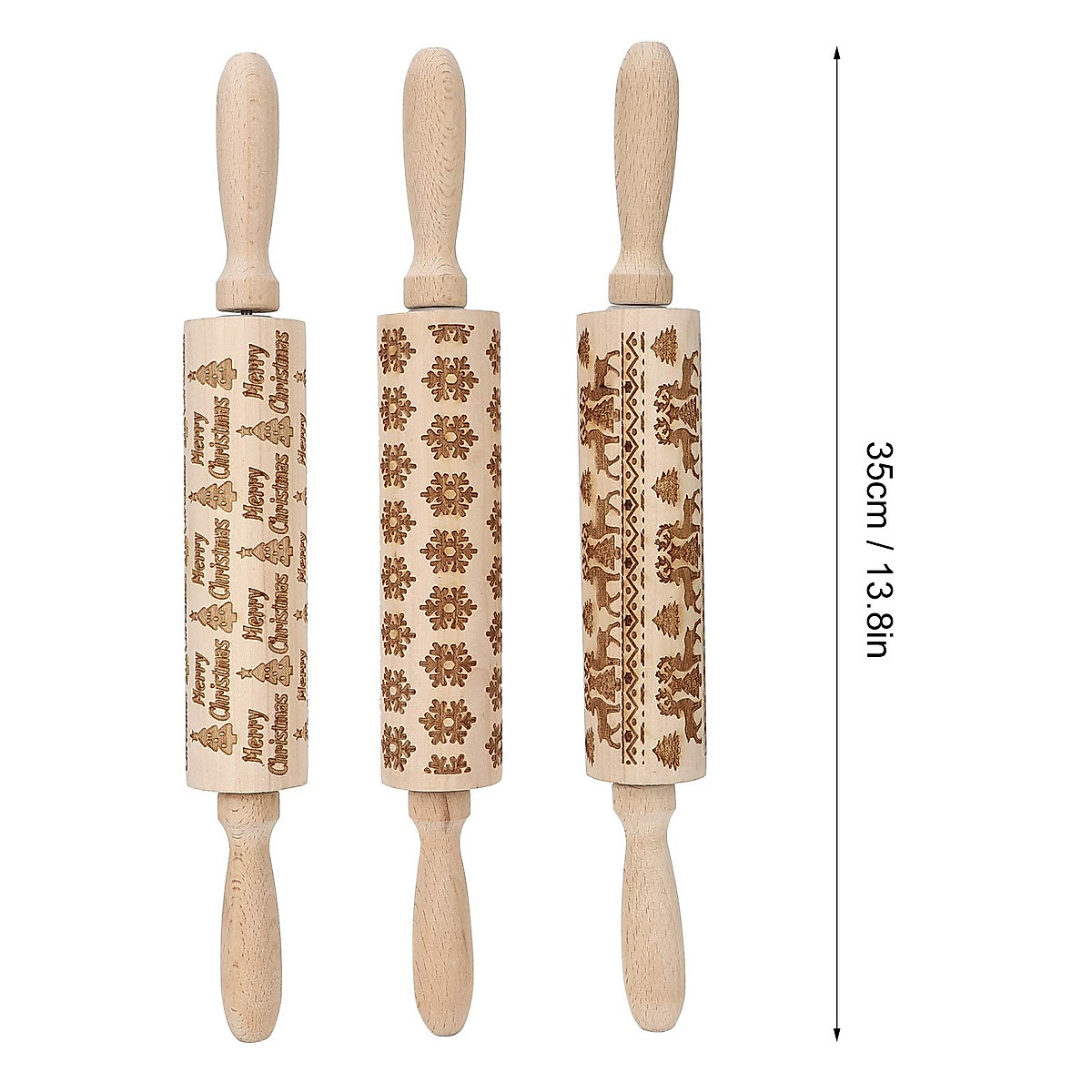 3Pcs Rolling Pin, Embossing Wooden Rolling Pin 3D Engraved Rolling Pin Cute Patterns Dough Roller (English Christmas tree + snowflake + pair of deer)