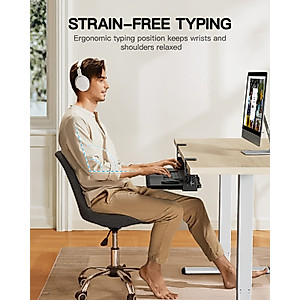 HUANUO Keyboard Tray Under Desk, Ergonomic Corner Keyboard Tray with 45° Adjustable C Clamp for L Shaped Desk, Slide Out Computer Keyboard & Mouse Tray, 27.28" W x 11.85" D, Black