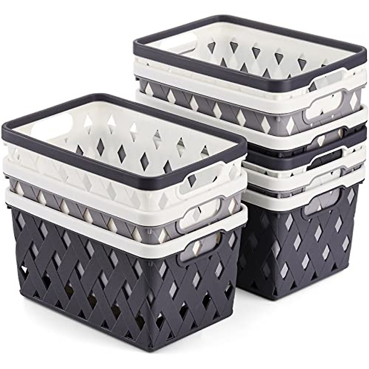 Yesland 9 Pack Plastic Storage Basket Bins, 8.5 x 5.8 x 4.8 Inch Organizing Book Bins Baskets with Handle, Small Stackable Plastic Basket for Classroom or Home Organizing - Blue, White, Grey