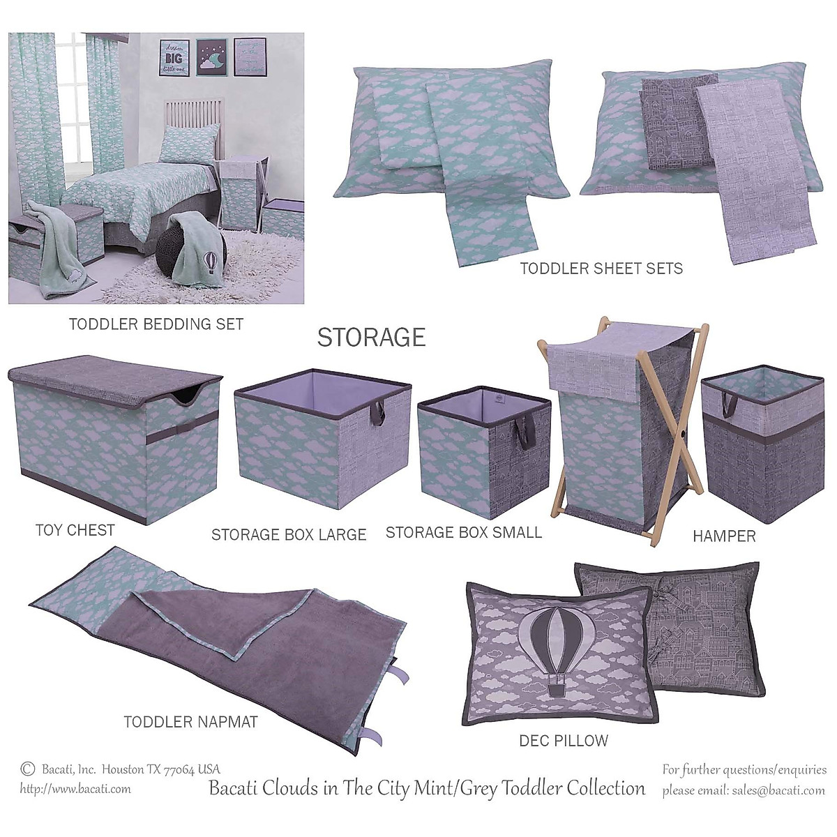 Bacati Clouds in The City Mint Clouds 2 Pack 100% Cotton Universal Baby US Standard Crib or Toddler Bed Fitted Sheets, White/Mint