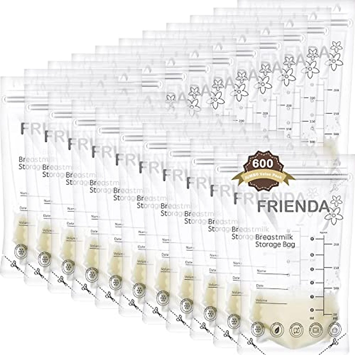 600 Count Breastmilk Storage Bags 7 oz Breast Milk Storage Bags for Breastfeeding Self Standing Breast Milk Storing Bags No Leak Double Seal Freezer Milk Storage for Refrigeration and Freezing