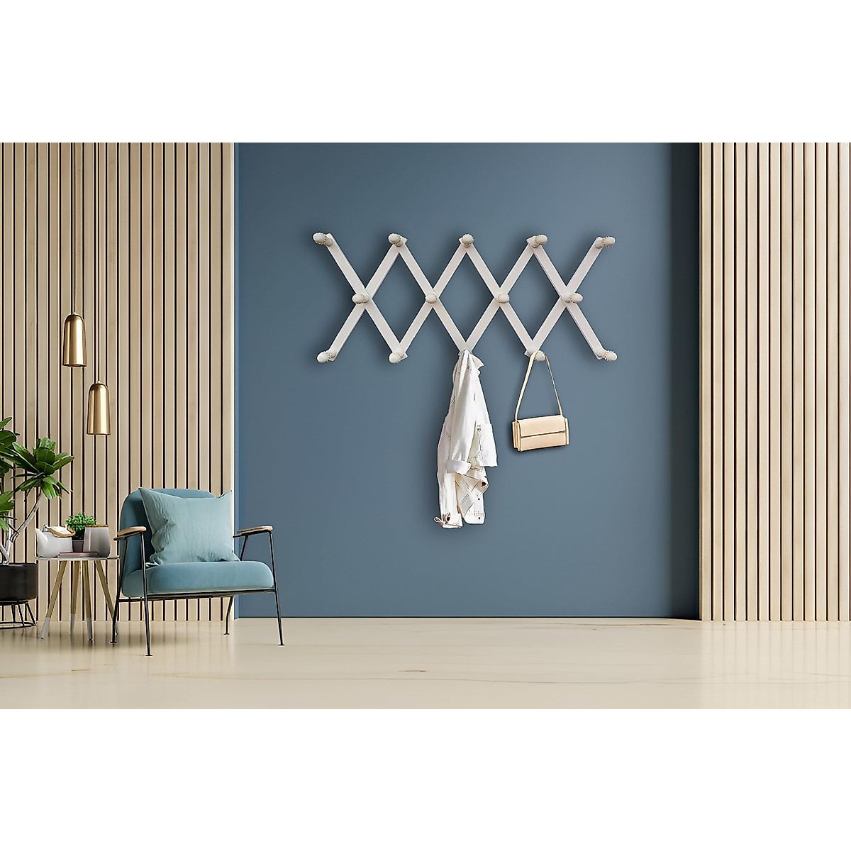 LENOX BOSS Accordion Wall Hanger, Expandable Coat Rack Wall Mounted, Wood Wall Accordion Hook Rack- Accordion Hat Rack for Coffee Mugs, Jackets, Purses, Scarfs, Non-Slip 14 peg Hooks White