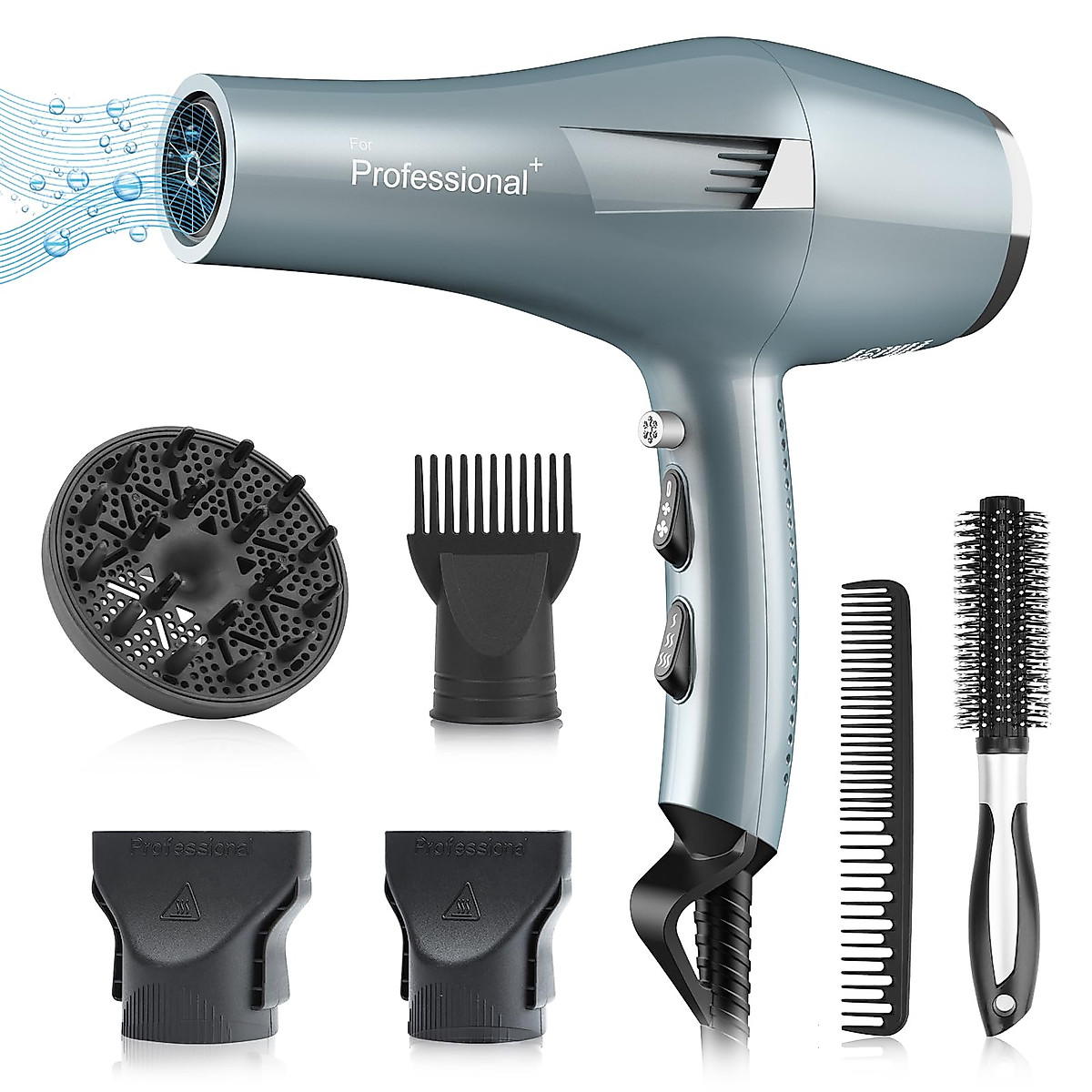 Ionic Salon Hair Dryer, Professional Blow Dryer AC Motor Fast Drying with 2 Speed, 3 Heat Setting, Cool Button, with Diffuser, Nozzle, Concentrator Comb for Curly & Straight Hair-Blue