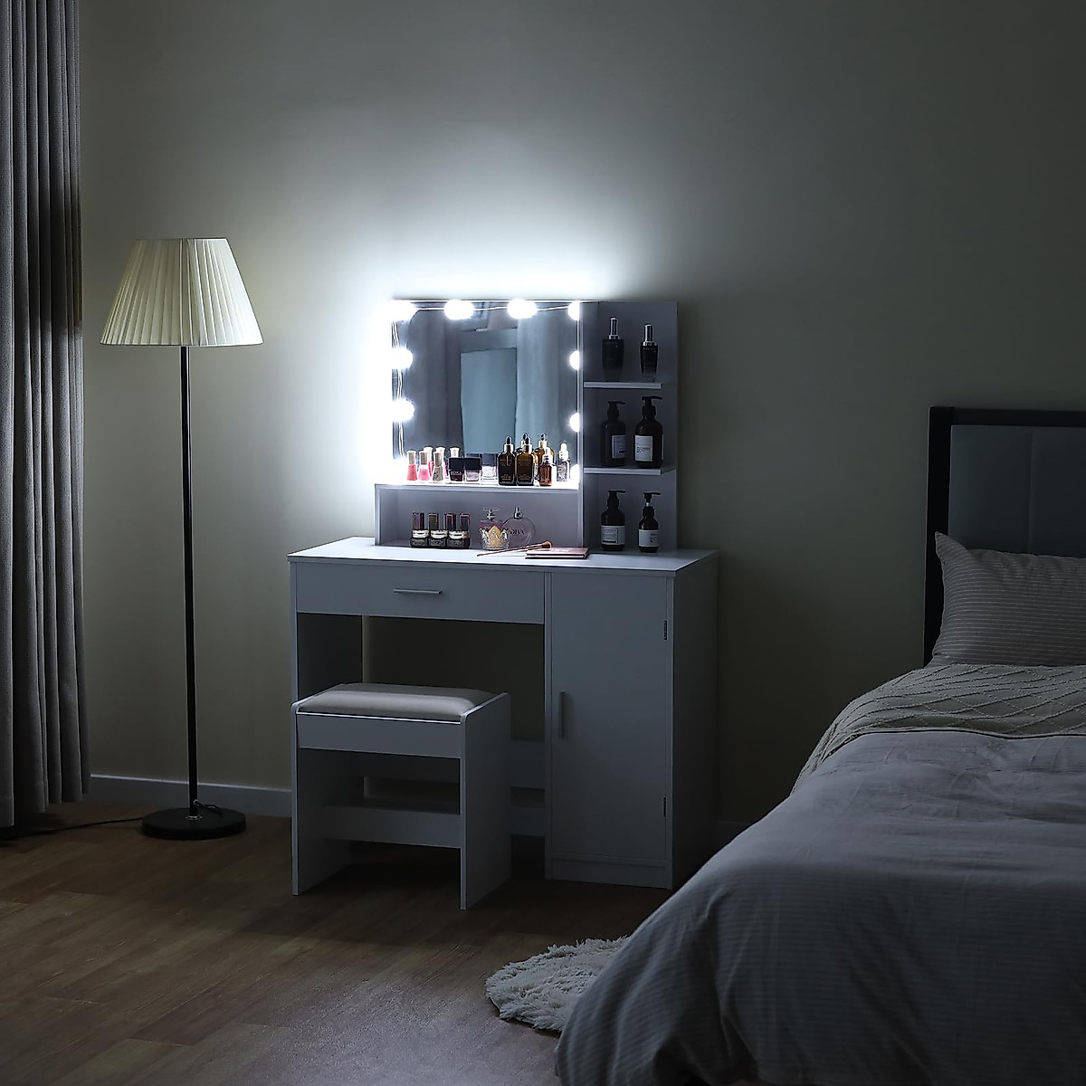 usikey Makeup Vanity Desk for Valentine's Day, Vanity Desk Set with 1 Drawer, 1 Cabinet & 3 Shelves, Makeup Vanity Table with Stool for Bedroom, 3 Lighting Modes & Brightness Adjustable, White