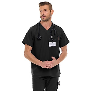 MediChic Men's V-Neck Hi-Low Top with One Chest Pocket and Mesh Gusset, Black, Size Large