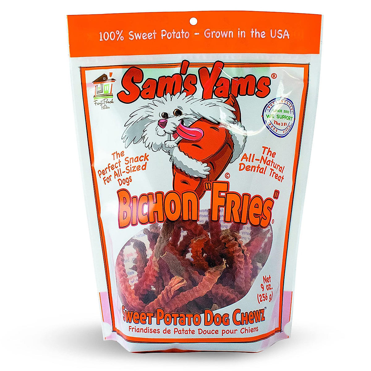 Sams Yams Sweet Potato Dog Treats, Healthy Dog Treats for Small & Medium Dogs, Sweet Potato Dog Treats Made in USA, High Fiber, Vegan Dental Chews - Bichon Fries, Sweet Potato Dog Chewz, 9oz (1 Pack)