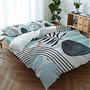 Duvet Cover Set of 4 Queen Size Abstract Mid Century Comforter Sets, Modern Geometric Plants Teal Bedding Set with Zipper Closure and 2 Pillow Cases, Soft Bed Covers Bedroom Decor for All Season