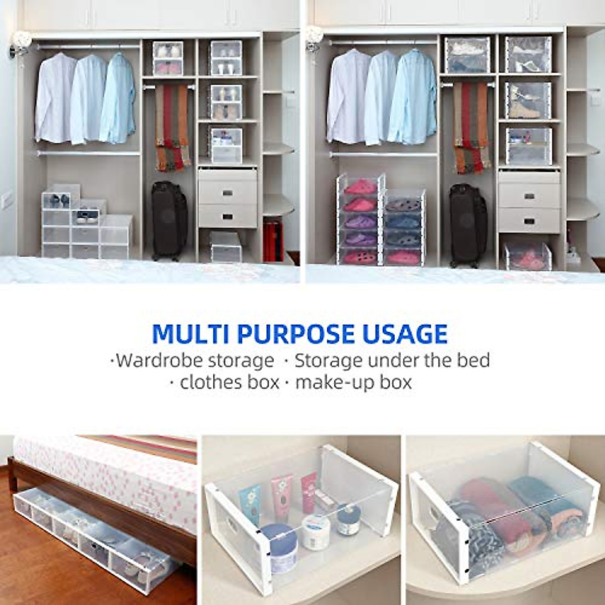 XZLGUJI 1 Pack Shoe Storage Box-Multi-function Storage Bins,Clear Plastic Stackable Shoe Organizer for Closet ,Drop Front Shoe Box. (white (1 Pack))