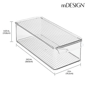 mDesign Slim Plastic Food Storage Container Bin with Lid and Front Handle for Kitchen, Pantry, Cabinet, Fridge and Freezer - Organizer for Snacks, Produce, Vegetables, Pasta, Drinks - 4 Pack, Clear