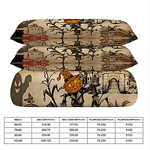 MSSHUKYTT Vintage Halloween Skull Duvet Cover Set 3 Piece Queen Size,Mid Century Castle Pumpkin Scarecrow Raven Bat Ghost Spider Web Bedding Set 2 Pillow Sham(No Insert)