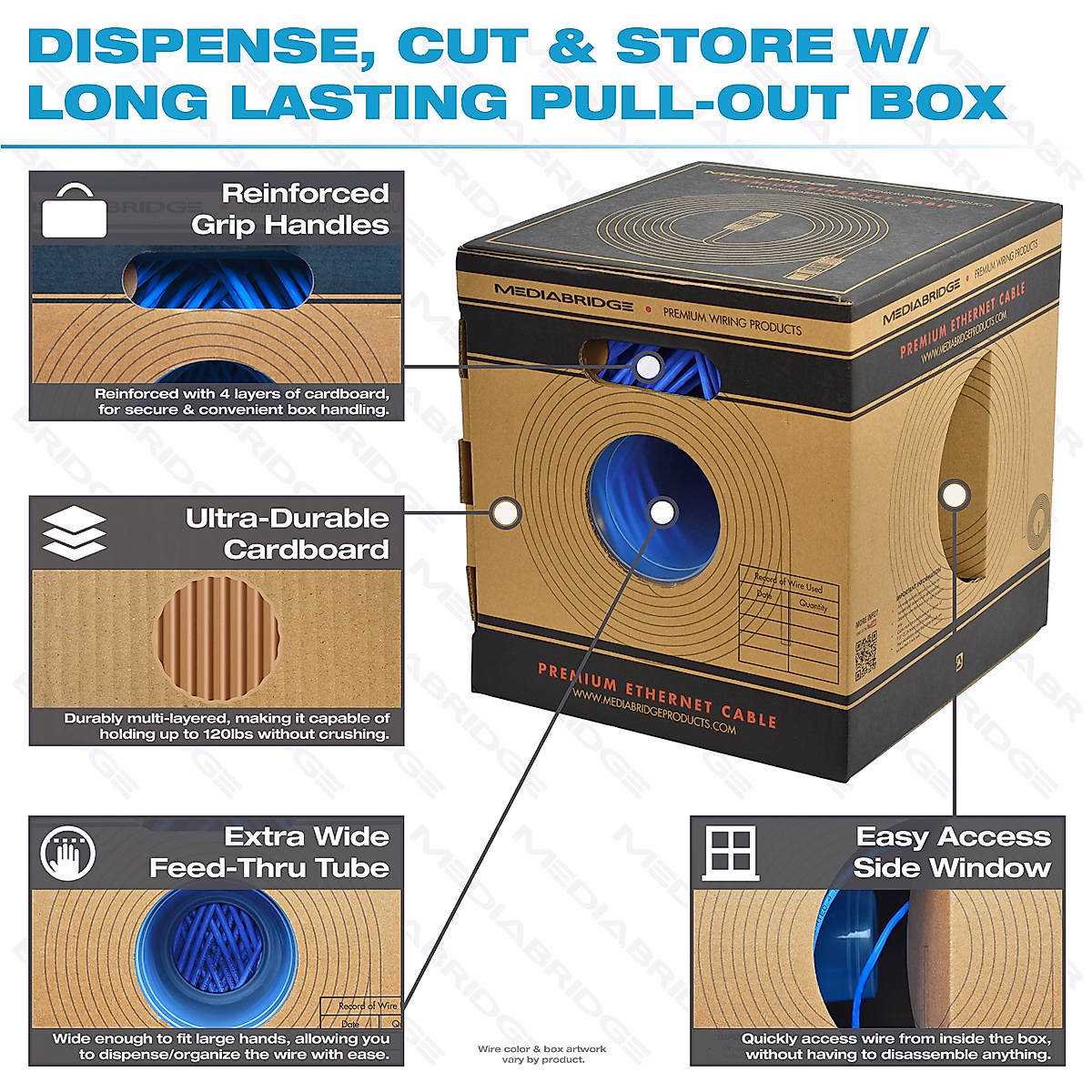 Mediabridge Pure Copper Cat6 Cable (500 Feet, Blue) - 10Gbps Ethernet, Solid, in-Wall Rated, w/Premium Snagless Pull-Out Box - (Part# C6-500-BLUE)