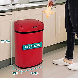 NiamVelo Kitchen Garbage Bin 13 Gallon Automatic Trash Can with Lid, Stainless Steel, Red