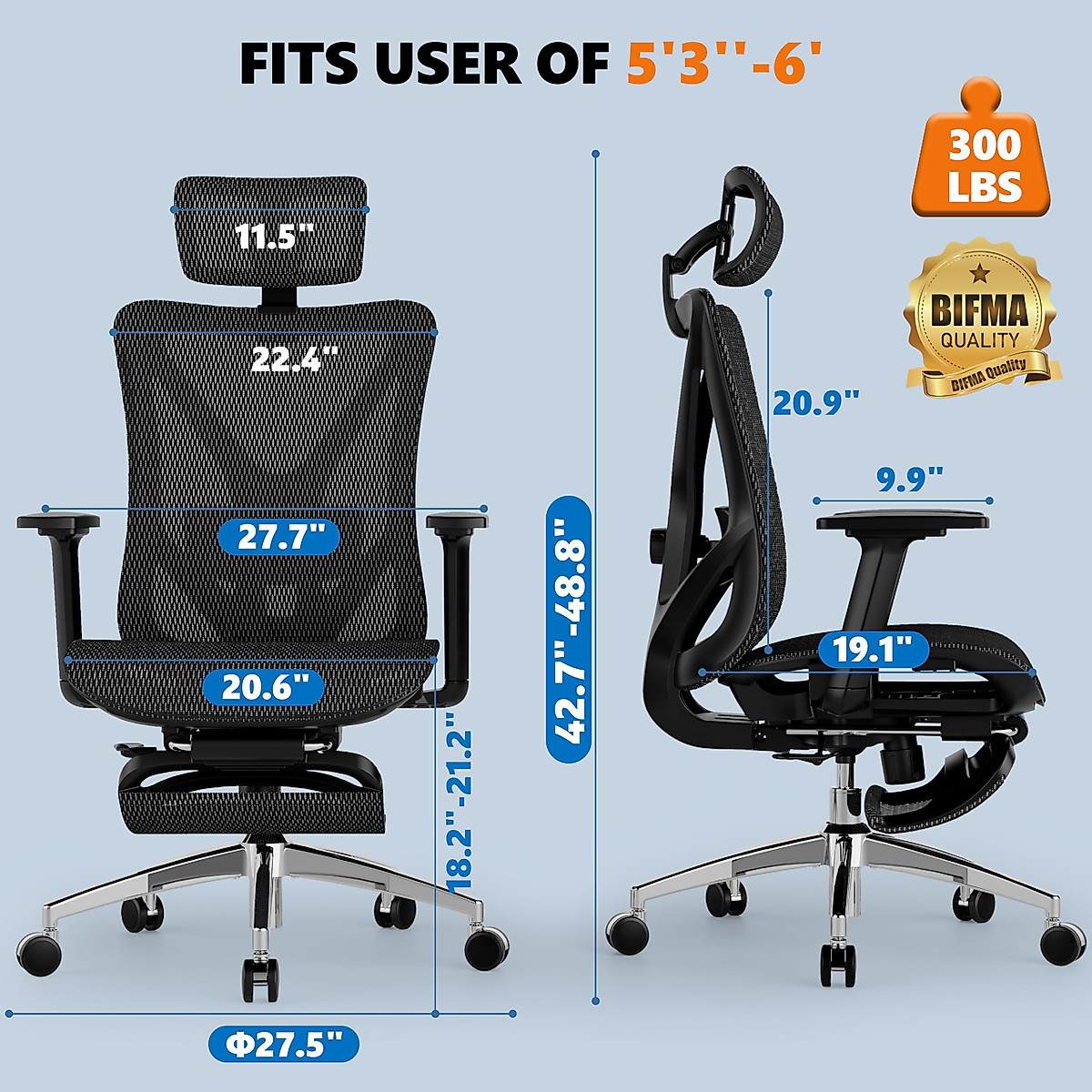 GABRYLLY Ergonomic Office Chair with Adjustable Lumbar Support, 3D Armrests & Headrest, 135° Reclining Chair with Footrest & Large Steel Base,300LBS Swivel Desk Chair(GYMN01)