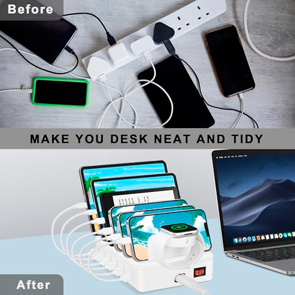 MERGROLY Fast Charging Station for Multiple Devices, 50W 6-Ports USB Charging Station with10-Slot, Detachable Dividers, Watch Holder, Compatible With Phone/iPad/Kindle/Tablet (6 Short Cables Included)