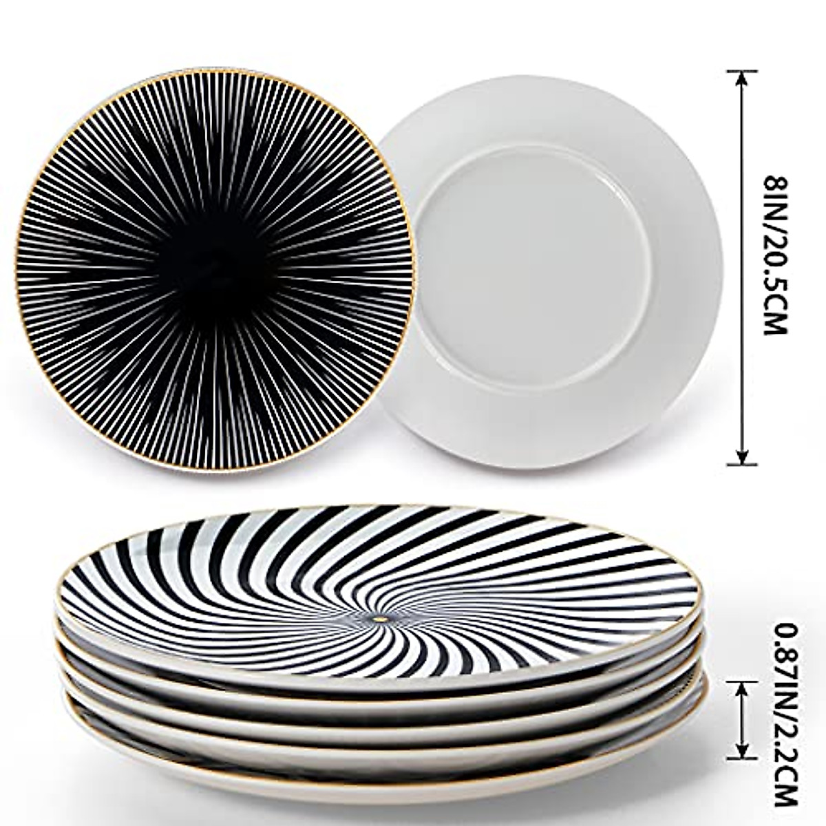 Sanbege 6 Pcs Porcelain Salad Plates, 8" Ceramic Serving Plates, Mix Match Dishes for Sandwich, Pasta, Steak, Dessert (Black and White)