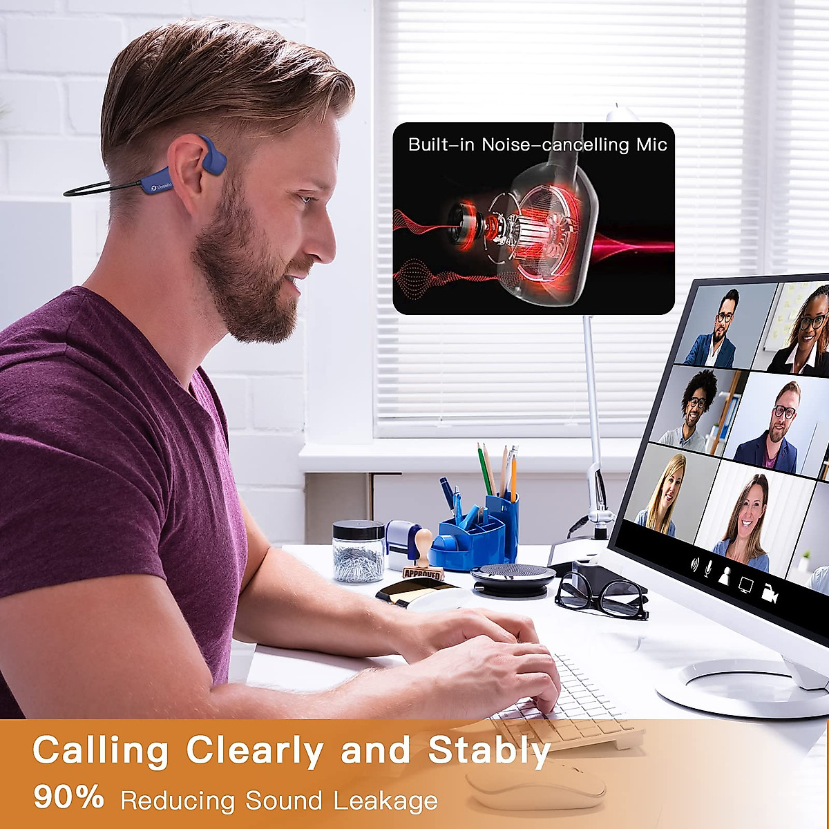 Bone Conduction Headphones Bluetooth5.0, Open Ear Headphones Sports Wireless Earphones with Built-in Mic, Sweat Resistant Headset for Workouts, Running， Cycling, Hiking, Driving, Climbing-Blue